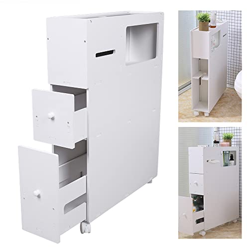 DYRABREST Bathroom Storage Cabinet with 2 Drawers - 4 Layer Multifunctional White Narrow Toilet Organizer Floor Side Cabinet - Movable Receive Arrange Ark Space Saver