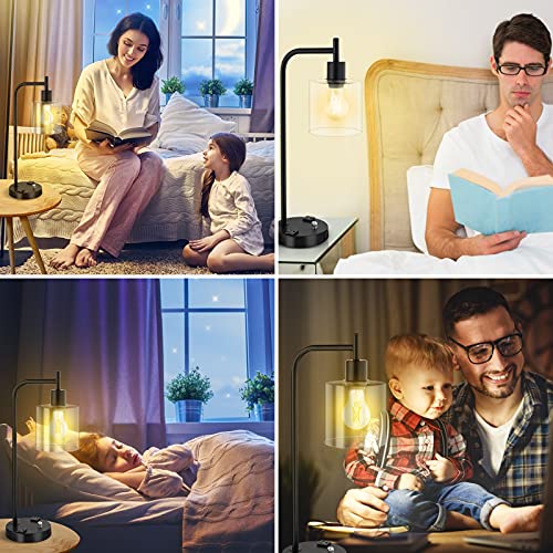 Upgraded Table Lamp, Fully Stepless Dimmable Desk Lamp with 2 USB Charging Ports and 2 AC Power Outlets, Modern Bedside Lamp with Glass Shade for Bedroom, Living Room, Office (Bulb Included)