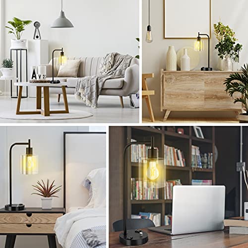 Upgraded Table Lamp, Fully Stepless Dimmable Desk Lamp with 2 USB Charging Ports and 2 AC Power Outlets, Modern Bedside Lamp with Glass Shade for Bedroom, Living Room, Office (Bulb Included)
