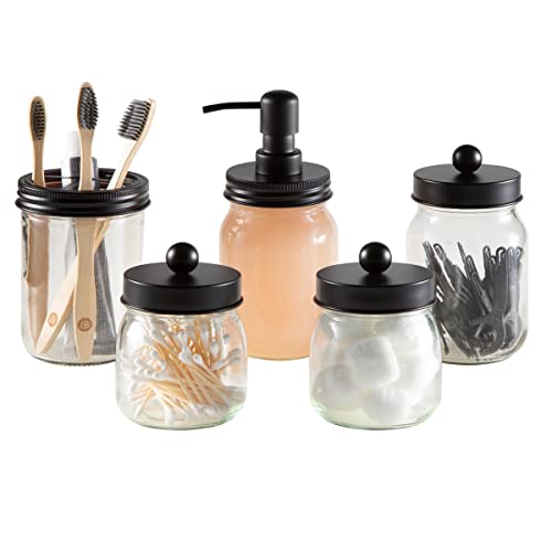 Mason Jar Bathroom Accessories Set β 5-Piece Bathroom Set with Toothbrush Holder, Soap Dispenser, Canister, and 2 Small Jars by Lavish Home (Black)