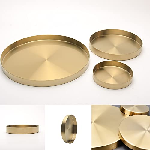 Gold Round Trays, Stainless Steel Metal Serving Tray, Home Decorative Bathroom Vanity Counter Top Organization Storage Tray for Jewelry/ Cosmetic/ Kitchen Tableware