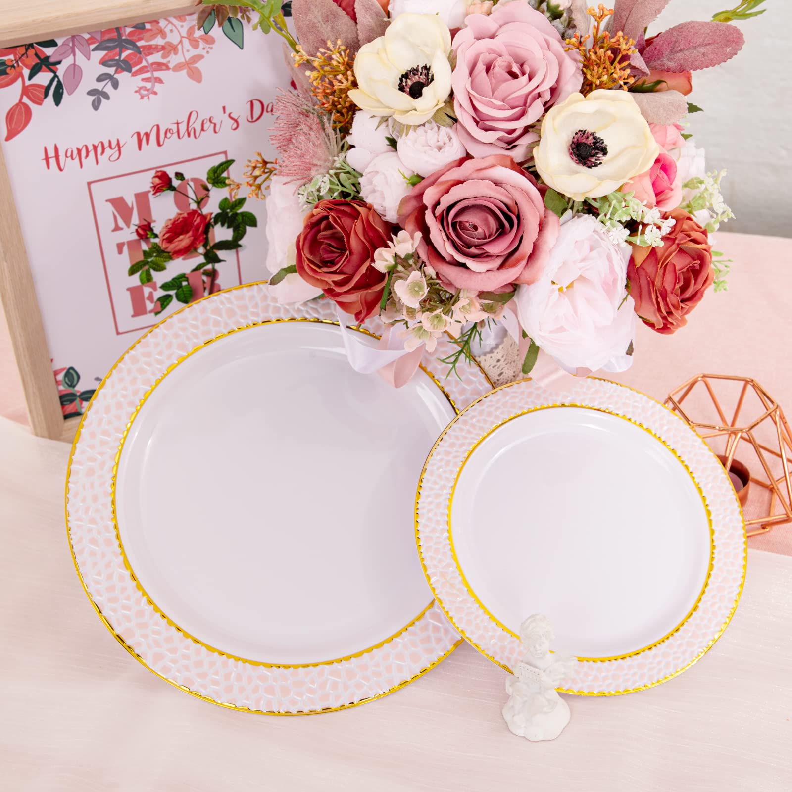 Liacere Plastic Plates, 102PCS Pink w/Gold Rim - Classic Style Disposable Plates for Mother's Day, Party, Easter & All Occasions