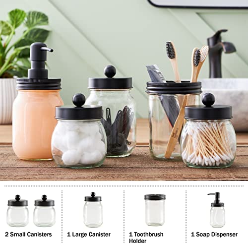 Mason Jar Bathroom Accessories Set β 5-Piece Bathroom Set with Toothbrush Holder, Soap Dispenser, Canister, and 2 Small Jars by Lavish Home (Black)