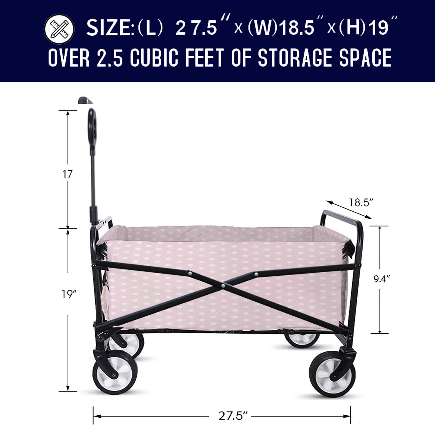 Collapsible Wagon Cart White Polka dot Lecture on White Polka dot Seamless Pink Polka dot Foldable Utility Wagon Large Capacity Garden Cart with Push Bar for Beach Camp Outdoor Shopping