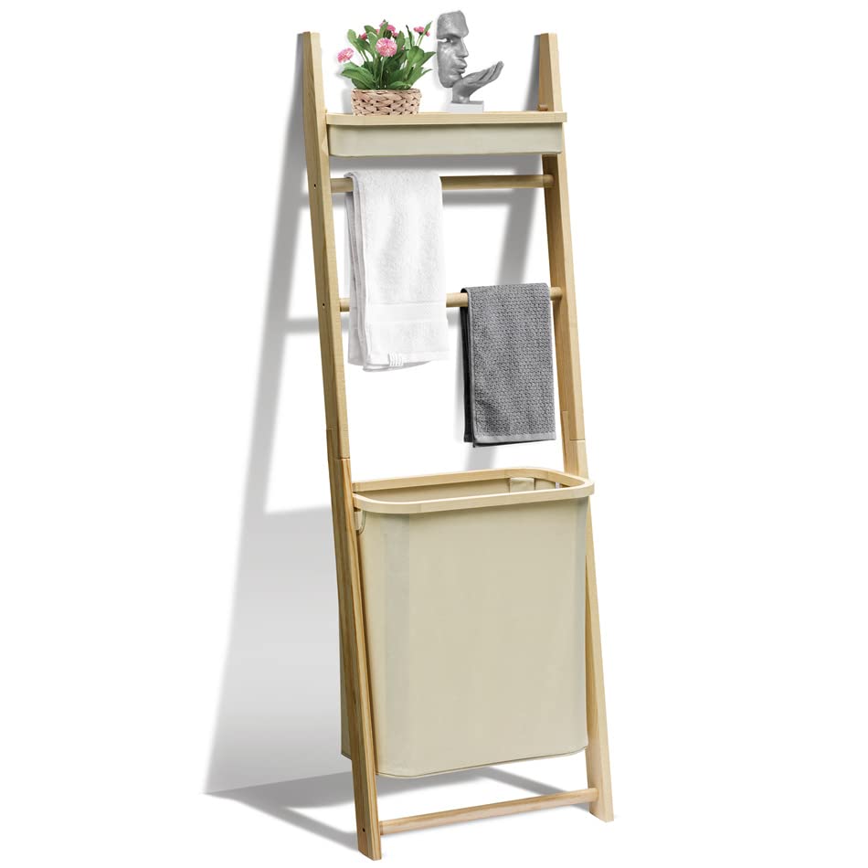 ReactDecor Wall Leaning Bathroom Ladder Shelf Hamper - 3 Tier Wooden Towel Rack Ladder Laundry Basket - Wooden Blanket Ladder Towel Rack - Wood Towel Ladder for Bathroom - Wall Leaning Ladder Shelf
