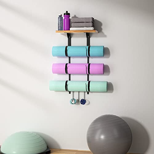 Towel Racks for Bathroom, Towel Holder for Bathroom Wall, Holder Storage with Wooden Shelf and 3 Hooks for Large Small Towels,Yoga Mat Foam Roller