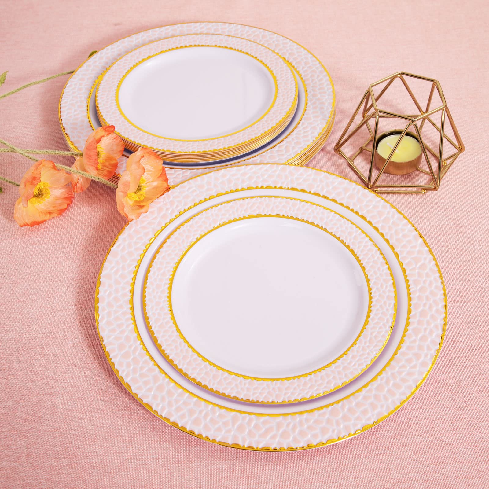 Liacere Plastic Plates, 102PCS Pink w/Gold Rim - Classic Style Disposable Plates for Mother's Day, Party, Easter & All Occasions