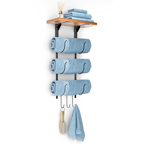 Towel Racks for Bathroom, Towel Holder for Bathroom Wall, Holder Storage with Wooden Shelf and 3 Hooks for Large Small Towels,Yoga Mat Foam Roller