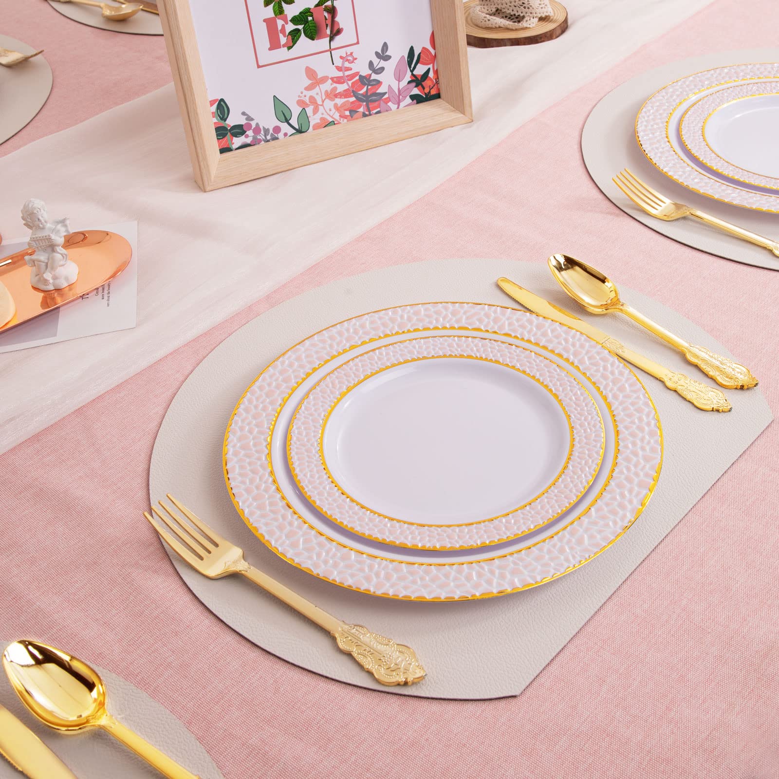 Liacere Plastic Plates, 102PCS Pink w/Gold Rim - Classic Style Disposable Plates for Mother's Day, Party, Easter & All Occasions
