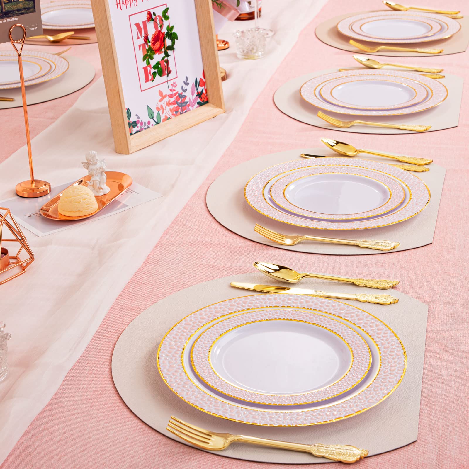 Liacere Plastic Plates, 102PCS Pink w/Gold Rim - Classic Style Disposable Plates for Mother's Day, Party, Easter & All Occasions