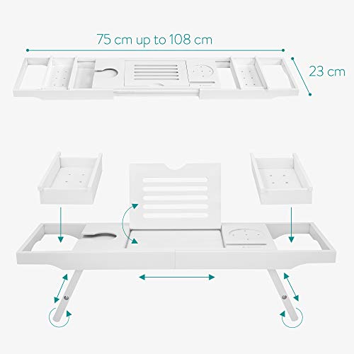 Navaris Bed and Bath Tray - Wooden Rack with Folding Legs - Bamboo Bathtub Caddy Bridge Shelf with Book or Tablet Stand - White
