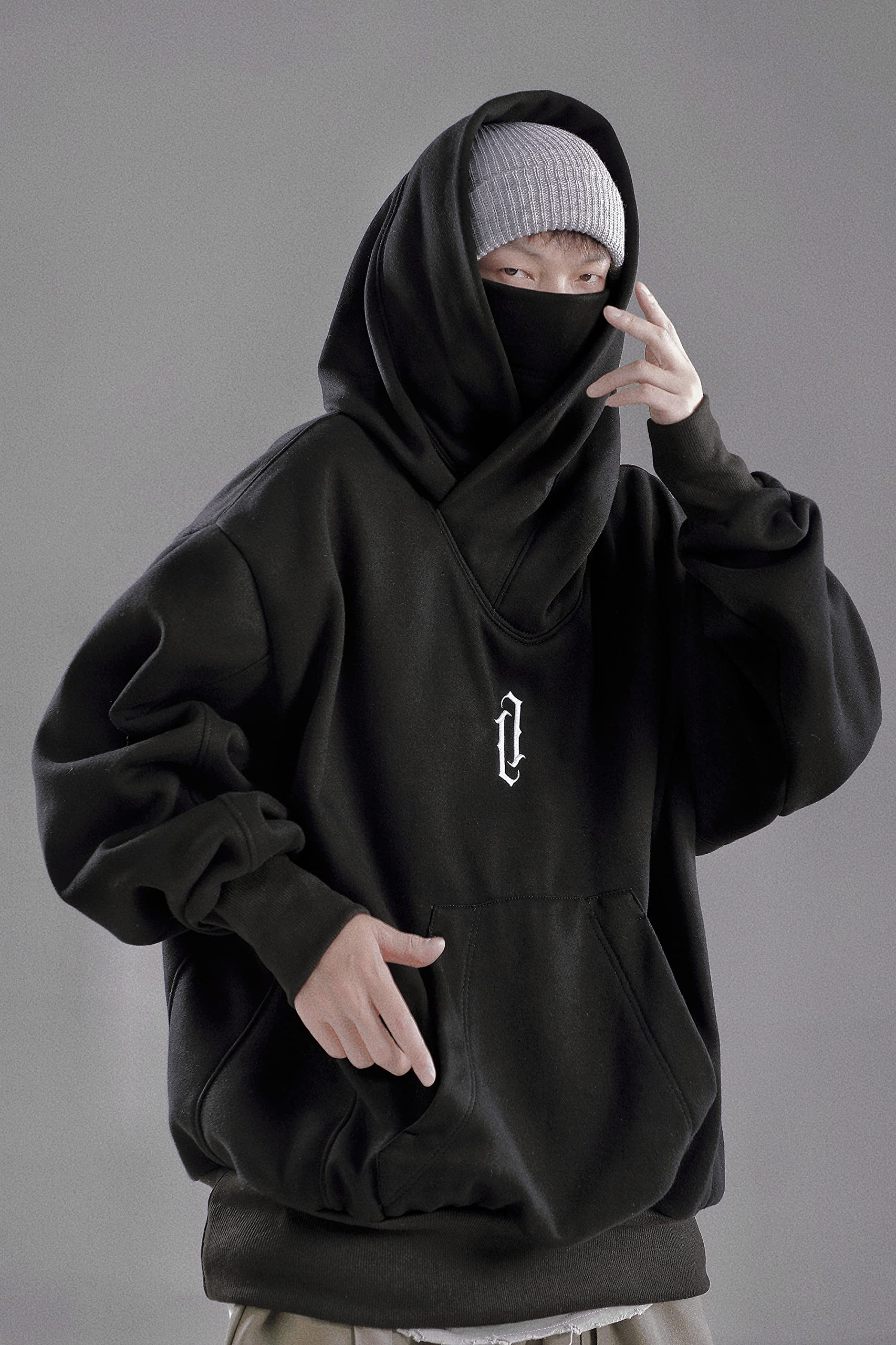 Niepce Inc Streetwear Men's Oversized Hoodie with Neck Gaiter (Black, Large)