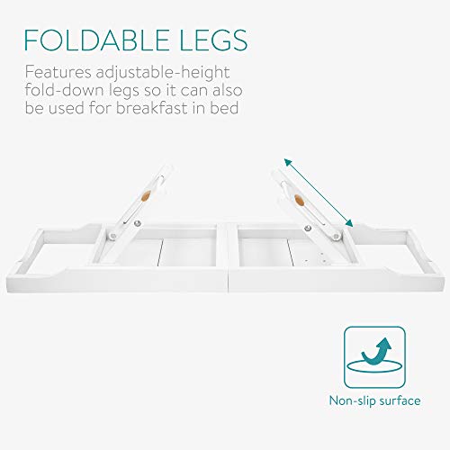 Navaris Bed and Bath Tray - Wooden Rack with Folding Legs - Bamboo Bathtub Caddy Bridge Shelf with Book or Tablet Stand - White
