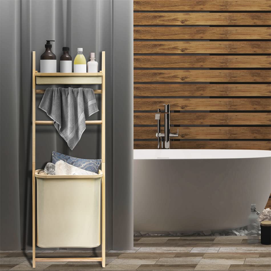 ReactDecor Wall Leaning Bathroom Ladder Shelf Hamper - 3 Tier Wooden Towel Rack Ladder Laundry Basket - Wooden Blanket Ladder Towel Rack - Wood Towel Ladder for Bathroom - Wall Leaning Ladder Shelf