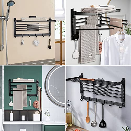 uyoyous Towel Rack for Bathroom 23.6 Inch Clothes Drying Rack with Foldable Towel Shelf and Swing Arms Aluminum Rustproof Wall Mount Laundry Room Organizer Load 45 lbs