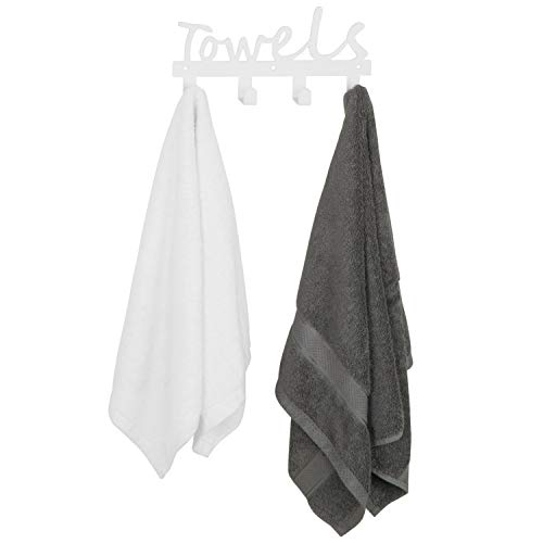 MyGift Wall Mounted White Metal Hand and Bath Towel Rack Holder with 4 Hooks and Towels Cut Out Design