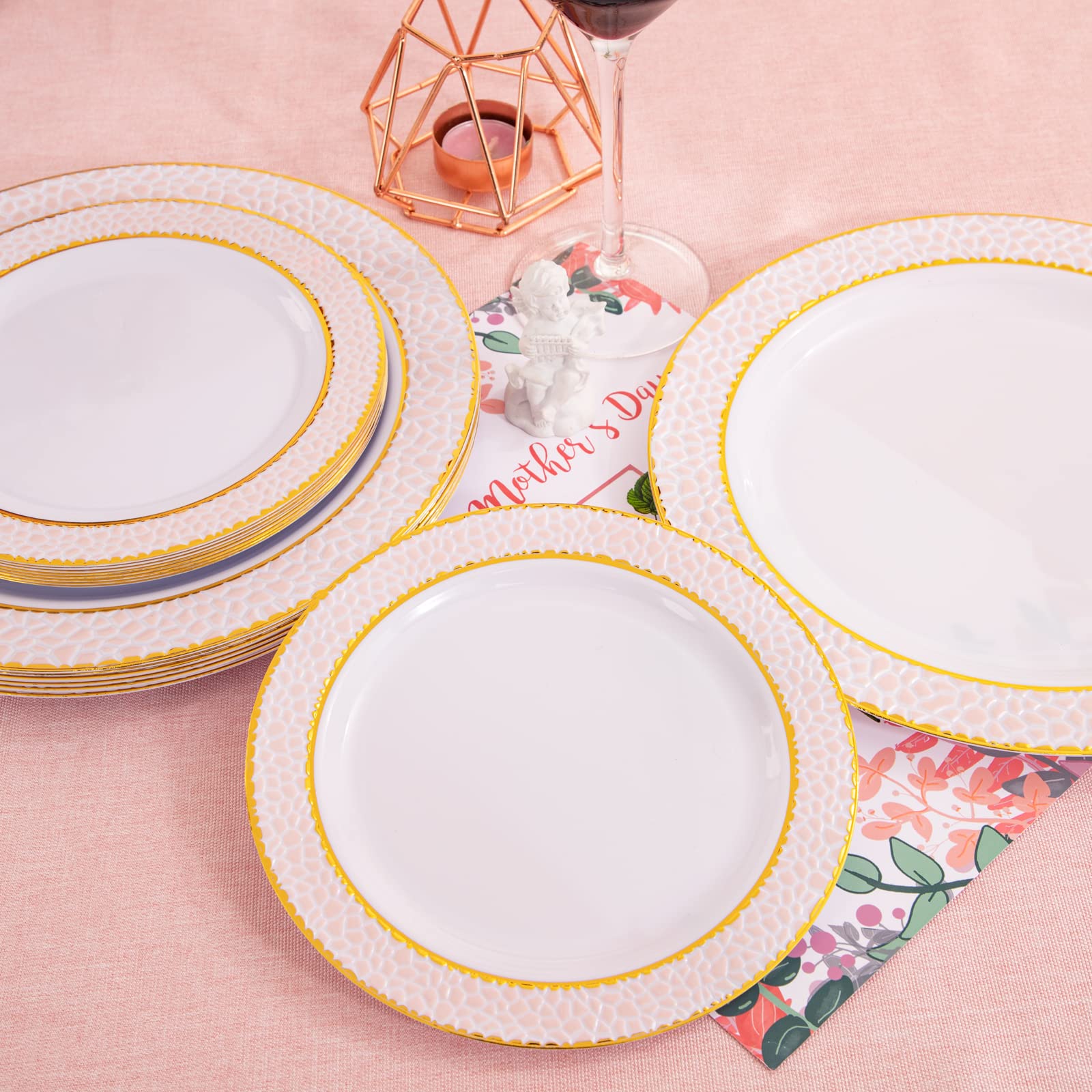 Liacere Plastic Plates, 102PCS Pink w/Gold Rim - Classic Style Disposable Plates for Mother's Day, Party, Easter & All Occasions