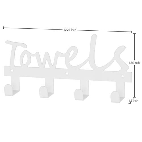 MyGift Wall Mounted White Metal Hand and Bath Towel Rack Holder with 4 Hooks and Towels Cut Out Design