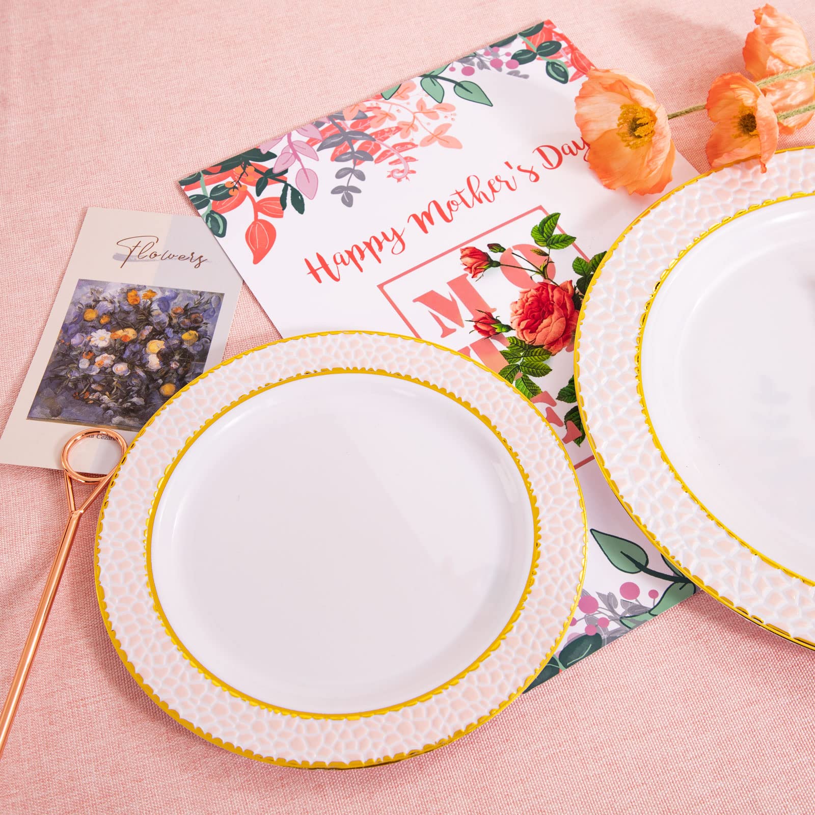 Liacere Plastic Plates, 102PCS Pink w/Gold Rim - Classic Style Disposable Plates for Mother's Day, Party, Easter & All Occasions