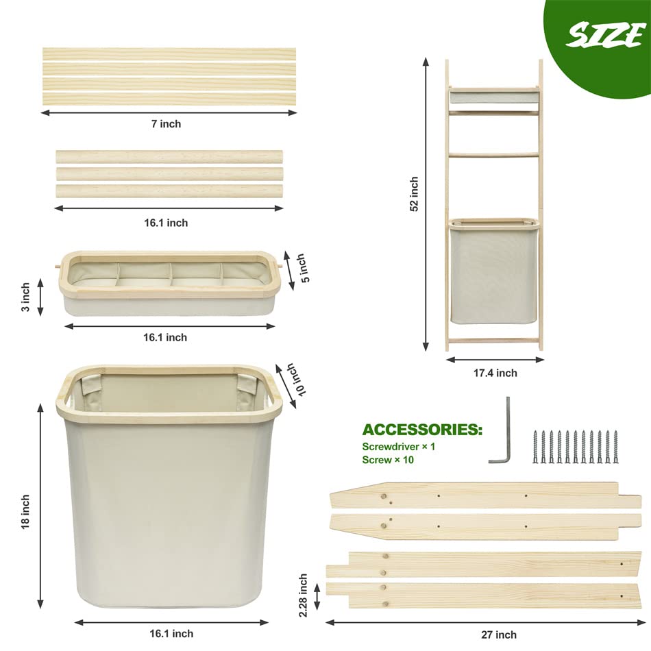 ReactDecor Wall Leaning Bathroom Ladder Shelf Hamper - 3 Tier Wooden Towel Rack Ladder Laundry Basket - Wooden Blanket Ladder Towel Rack - Wood Towel Ladder for Bathroom - Wall Leaning Ladder Shelf