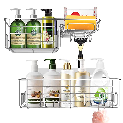 Shower Caddy Bathroom Shelf, CUPAN Shower Caddy Basket Shelf with Soap Dish and Hooks, No Drilling Adhesive Bathroom Shelf SUS304 Stainless Steel Bathroom Kitchen Storage Organizer (2 Pack, Silver)