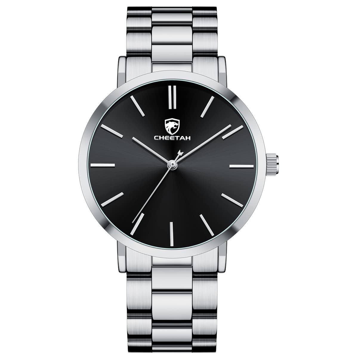 GOLDEN HOUR Men's Watches Slim Minimalist Runway Silver Stainless Steel Quartz Analog Watch with Black Face