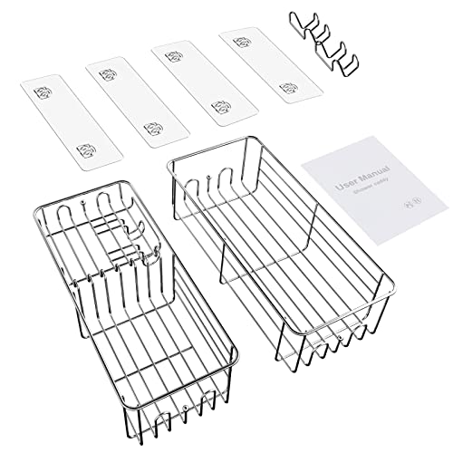 Shower Caddy Bathroom Shelf, CUPAN Shower Caddy Basket Shelf with Soap Dish and Hooks, No Drilling Adhesive Bathroom Shelf SUS304 Stainless Steel Bathroom Kitchen Storage Organizer (2 Pack, Silver)