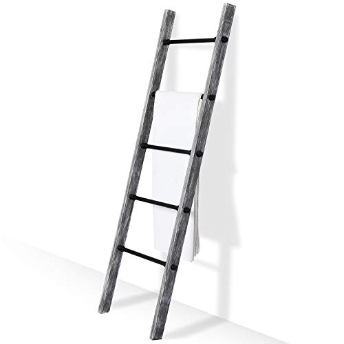 MyGift 5-ft Rustic Gray Washed Solid Wood Wall Leaning Blanket Ladder with 5 Metal Pipe Rungs, Bathroom Towel Ladder Rack