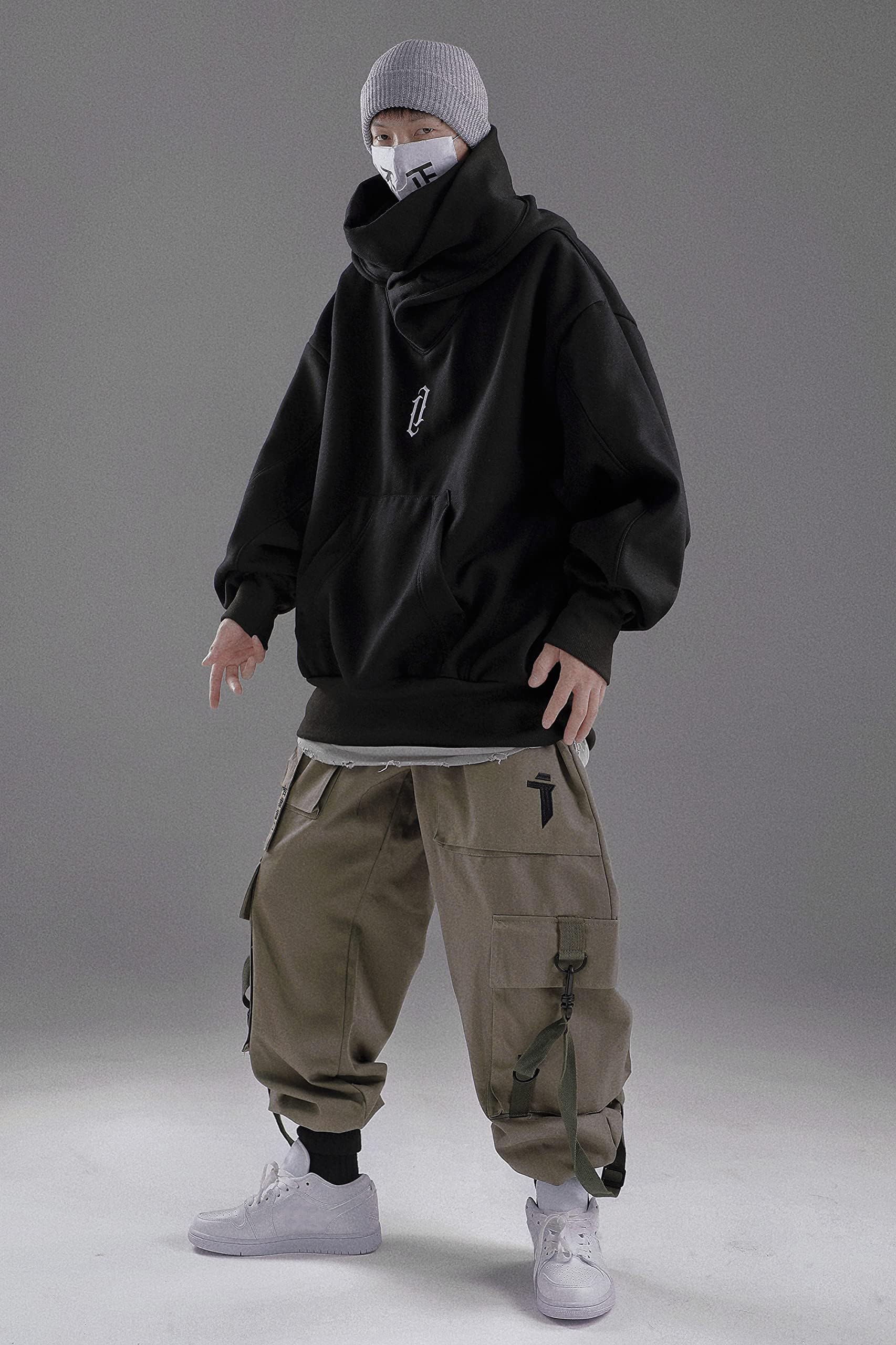 Niepce Inc Streetwear Men's Oversized Hoodie with Neck Gaiter (Black, Large)