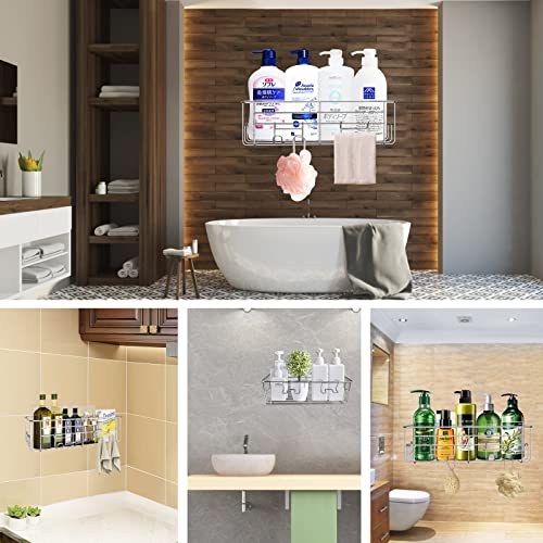 Shower Caddy Bathroom Shelf, CUPAN Shower Caddy Basket Shelf with Soap Dish and Hooks, No Drilling Adhesive Bathroom Shelf SUS304 Stainless Steel Bathroom Kitchen Storage Organizer (2 Pack, Silver)