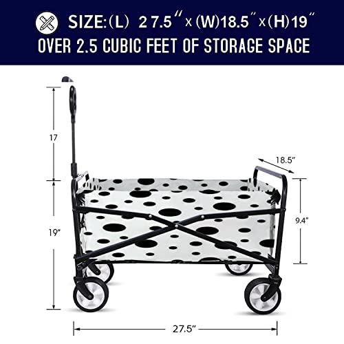 Collapsible Wagon Cart Seamless White with Black Circles Foldable Utility Wagon Large Capacity Garden Cart with Push Bar for Beach Camp Outdoor Shopping