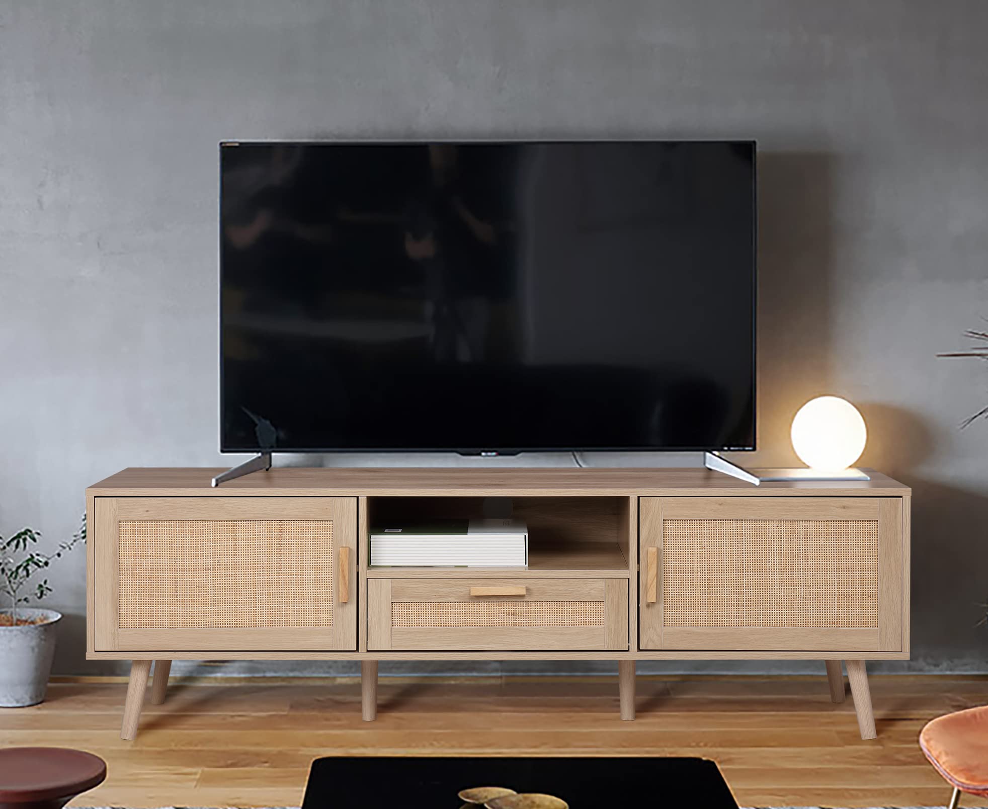 Finnhomy 59 Inch Boho TV Stand for up to 70 inch TV, TV Console with 2 Hand Made Rattan Decorated Doors, Living Room Entertainment Center TV Table with Storage, Natural