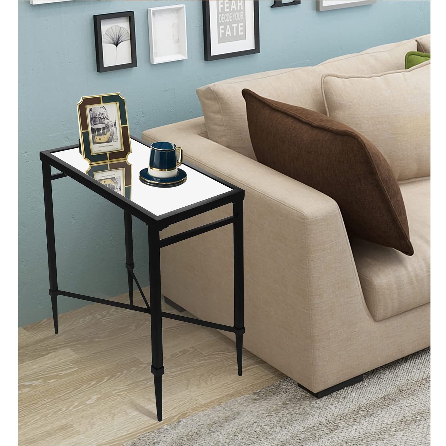 GIFTTROVE Black End Table, Rectangle Side Table with Mirrored Top, Modern Metal End Table, Small Narrow Side Table for Living Room, Balcony, 22" L x 12.4" W x 24" D