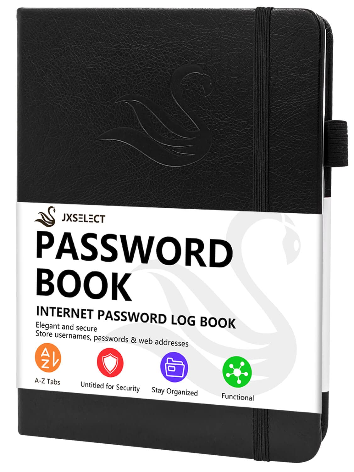 Elegant Password Book with Alphabetical Tabs - Hardcover Password Book for Internet Website Address Login - 5.2" x 7.6" Password Keeper and Organizer w/Notes Section & Back Pocket (Black)