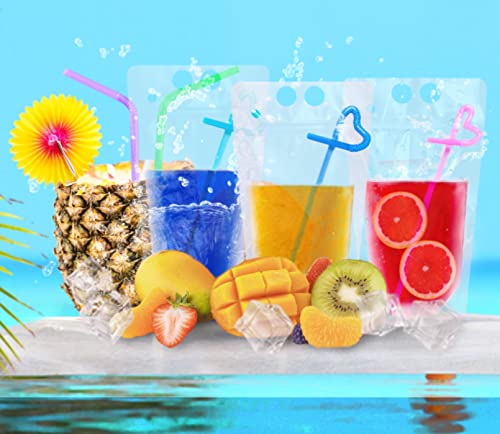 100 Pcs Drink Pouches for Adults, Clear Juice Pouches, Hand-held Reusable Drink Pouches with Straws Funnel Smoothie Heavy Duty Drink Bags for Cold Hot Drinks