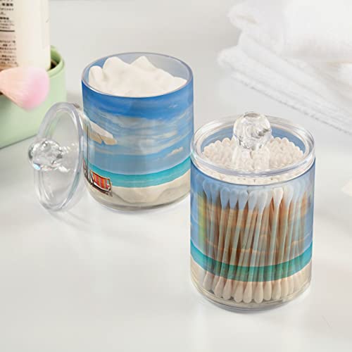 Kigai 2 Pack Qtip Dispenser Apothecary Jars Bathroom 14oz - Beautiful Beach Chairs Sun Umbrella Blue Sky Cloudy Qtip Holder Storage Canister Clear Plastic Acrylic Jar for Cotton Ball,Cotton Swab,Q-tip