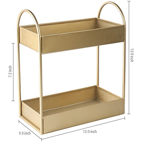 MyGift 2 Tier Gold Metal Bathroom Countertop Vanity Makeup Organizer Display Shelf with Decorative Handles, Cosmetic and Accessories Storage Rack