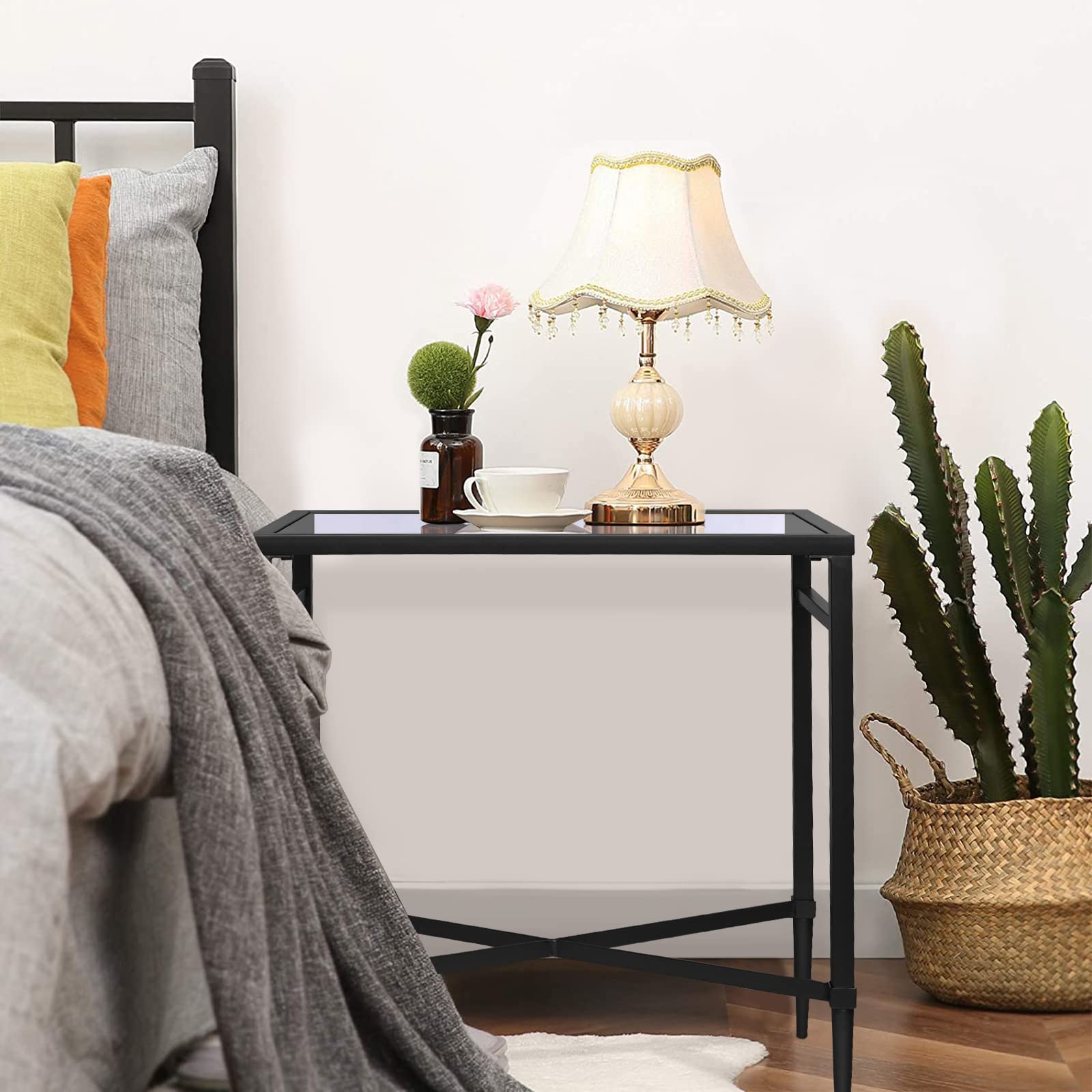 GIFTTROVE Black End Table, Rectangle Side Table with Mirrored Top, Modern Metal End Table, Small Narrow Side Table for Living Room, Balcony, 22" L x 12.4" W x 24" D