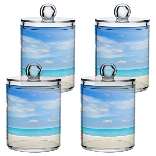 Kigai 2 Pack Qtip Dispenser Apothecary Jars Bathroom 14oz - Beautiful Beach Chairs Sun Umbrella Blue Sky Cloudy Qtip Holder Storage Canister Clear Plastic Acrylic Jar for Cotton Ball,Cotton Swab,Q-tip