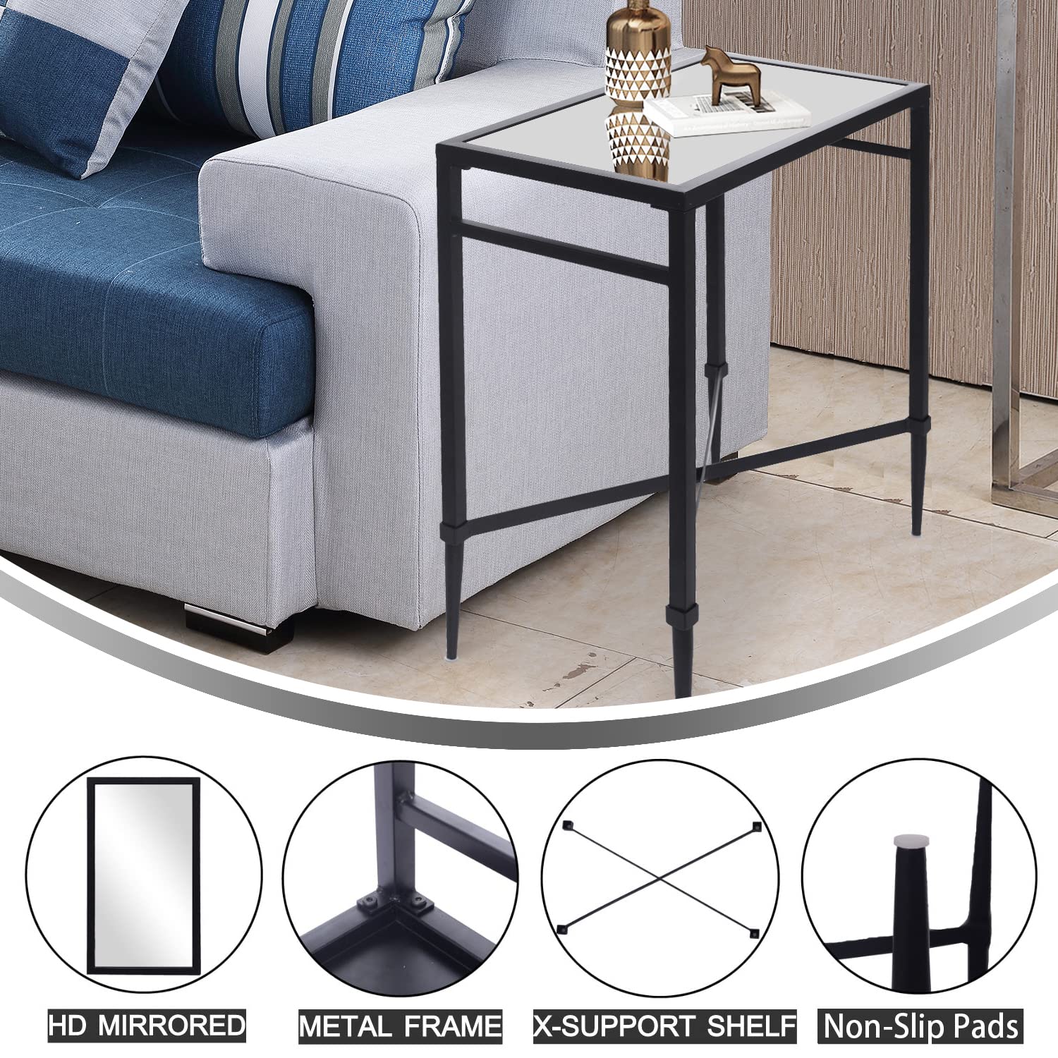 GIFTTROVE Black End Table, Rectangle Side Table with Mirrored Top, Modern Metal End Table, Small Narrow Side Table for Living Room, Balcony, 22" L x 12.4" W x 24" D