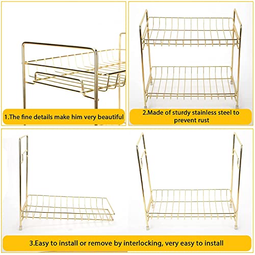 OOFAYBILL Bathroom Organizer Countertop,2-Tier Standing Rack Cosmetic Holder , Detachable Kitchen Spice Rack,Vanity Storage Shelf with Dividers for Cosmetic , Gold