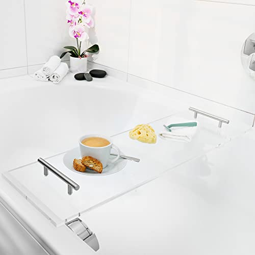 Navaris Acrylic Bath Tray - Bathtub Caddy Bridge Shelf Rack for Wine Glass Book Phone Tablet eReader Bathing Accessories with Handles - 28.7" x 9.1"