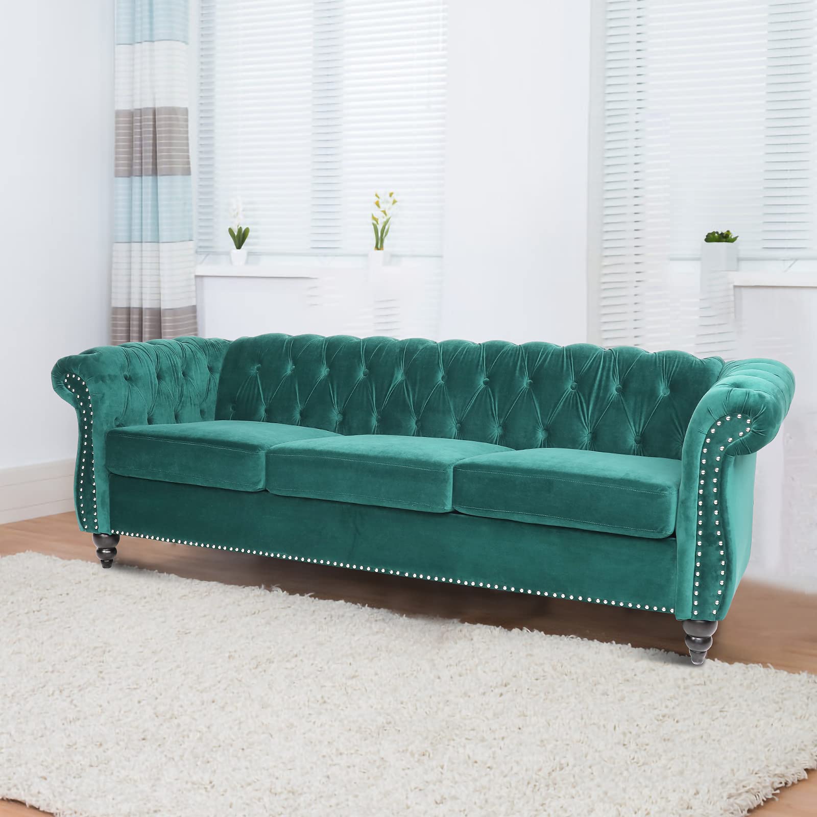 NOSGA Modern Chesterfield Fabric 3 Seater Couch Furniture, Deep Button Tufted Chesterfield Velvet Sofa with Scroll Arms, Upholstery Nailhead Trim Sofa Couches for Living Room(Green)