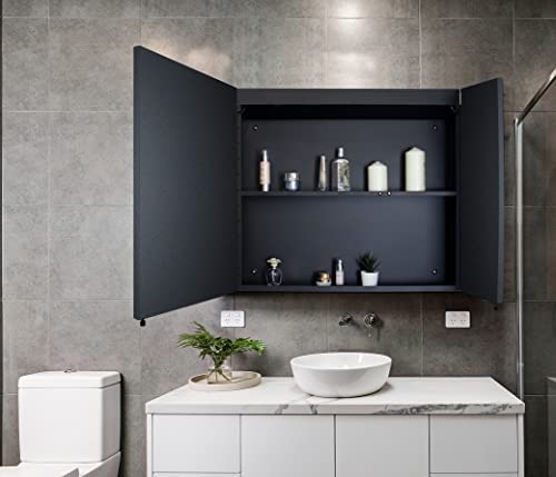 JimsMaison 30x26 inch Silver LED Mirror Bathroom Medicine Cabinet with Double Doors, Space Iron Mirror Storage Cabinet with Defog Function, Dimmable Lights Brightness, Surface or Wall-Black Inner