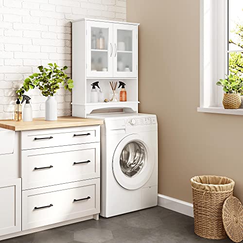 Topeakmart Over The Toilet Storage Cabinet with Adjustable Shelf and Double Tempered Glass Doors, Free Standing Toilet Rack with Open Storage Shelf, White
