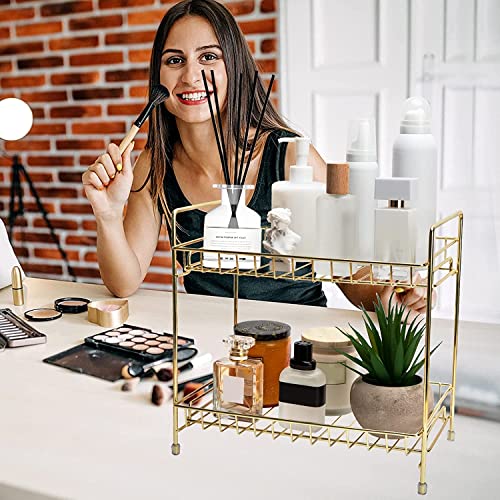 OOFAYBILL Bathroom Organizer Countertop,2-Tier Standing Rack Cosmetic Holder , Detachable Kitchen Spice Rack,Vanity Storage Shelf with Dividers for Cosmetic , Gold