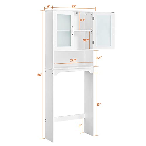 Topeakmart Over The Toilet Storage Cabinet with Adjustable Shelf and Double Tempered Glass Doors, Free Standing Toilet Rack with Open Storage Shelf, White
