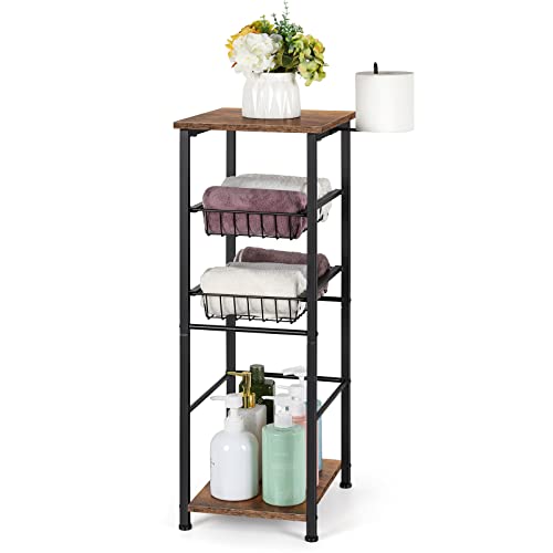 OYEAL Bathroom Floor Storage Cabinet 4 Tier Over The Toilet Storage Holder with Drawers Toilet Paper Holder Stand for Bathroom Laundry Room Entryway Kitchen Pantry, Rustic Brown