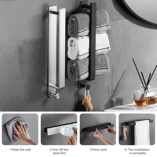 BestYiJo Tower Rack Self Adhesive Tower Bar, Thicken Stainless Steel Tower Holder for Bathroom Wall Mounted, Bathroom Towel Storage, Bathroom Accessories Tower Hanger with Hook (Silver)
