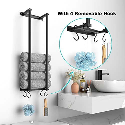 Nidouillet Wall Towel Rack for Rolled Towels, New Upgrade 2 Bar Towel Racks for Bathroom Wall Mounted, Bathroom Towel Storage, Metal Bath Towel Holder for Folded Large Towel Washcloths, Black